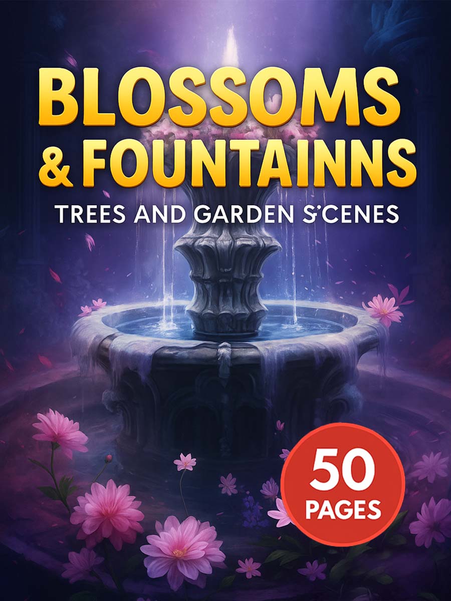 Blossoms & Fountains – 50 Trees and Garden Scenes | Colouring 4 Kids